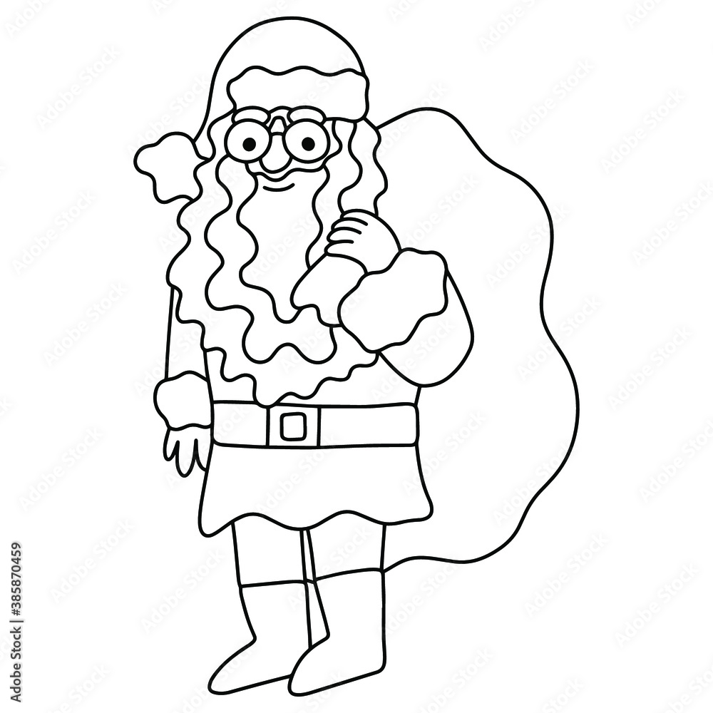 Funny cartoon Santa Claus with gift bag coloring page stock vector ...