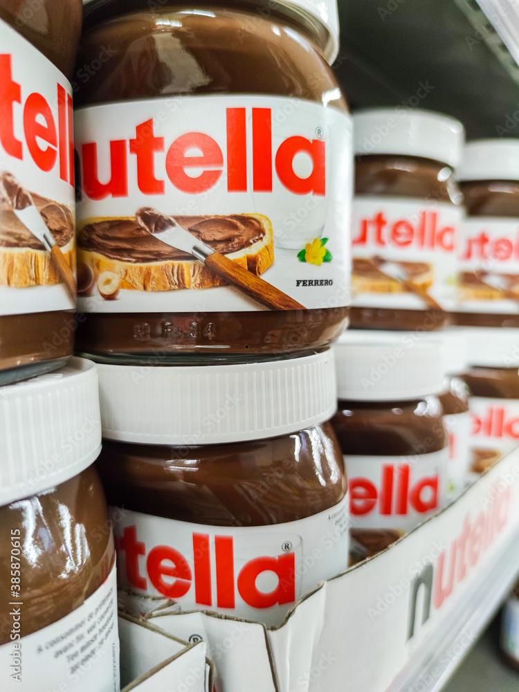Focus on Nutella jars of hazelnut cream in french supermaket shelf ...