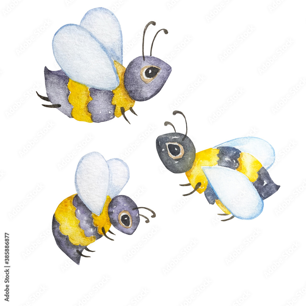 Watercolor honey bees, assorted wild insects Stock Illustration | Adobe ...