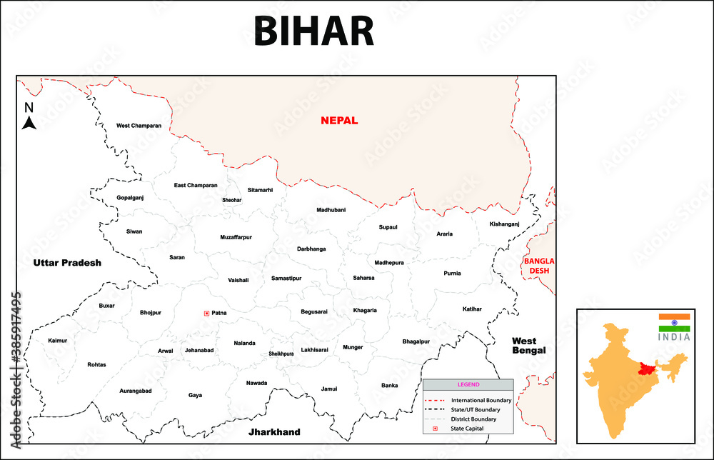 Bihar Map. Bihar District map. Bihar districts map with name labels in ...