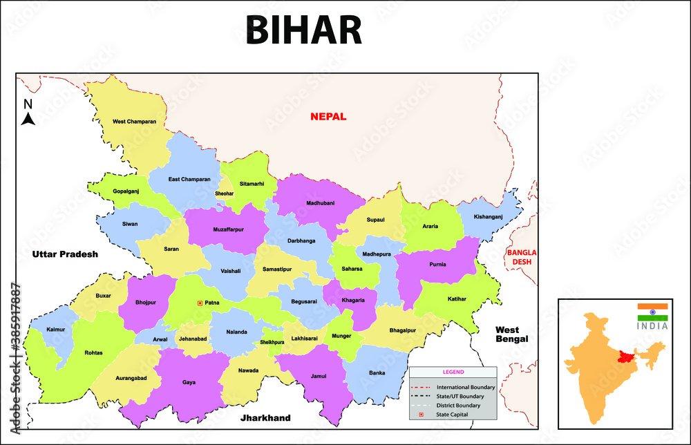 Vecteur Stock Bihar Map. bihar district map, India. Bihar, India ...
