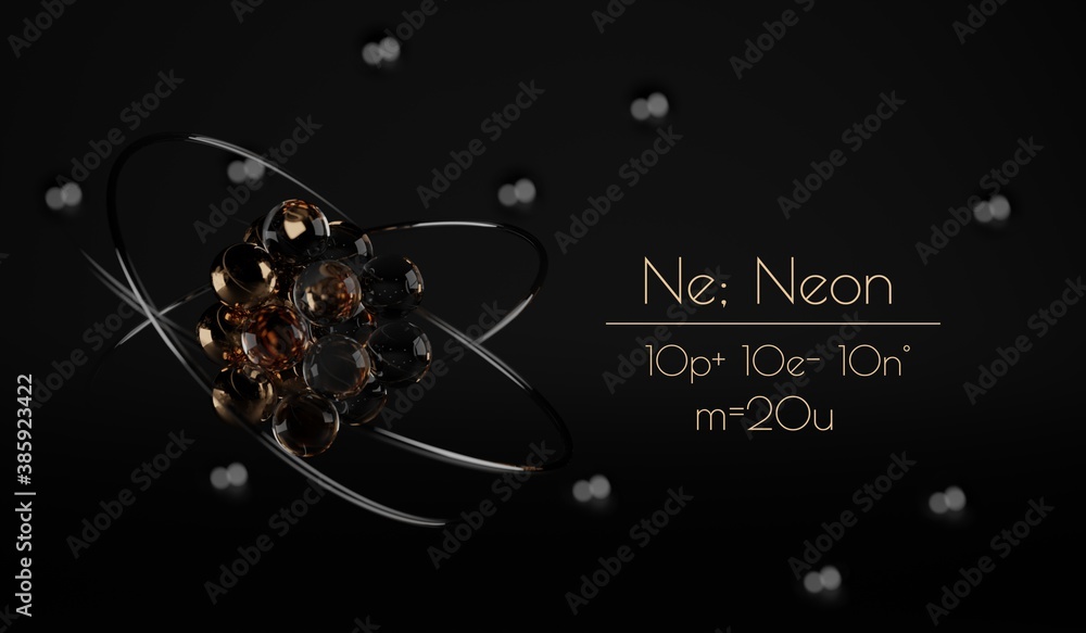 A stylized Neon atom visualization, with the number of protons ...