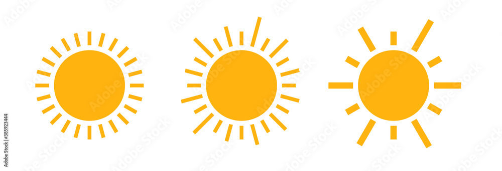 Sun icons vector, hot weather suns symbols set isolated, heat pictogram ...