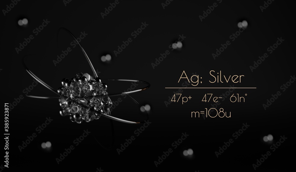 A stylized Silver atom visualization, with the number of protons ...