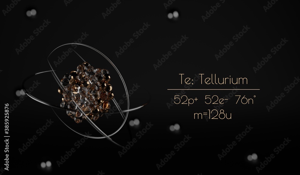 A stylized Tellurium atom visualization, with the number of protons ...