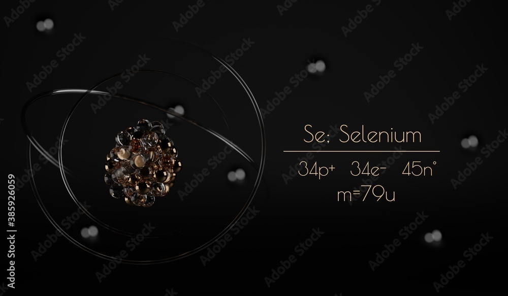 A Stylized Selenium Atom Visualization With The Number Of Protons Neutrons Electrons And Its