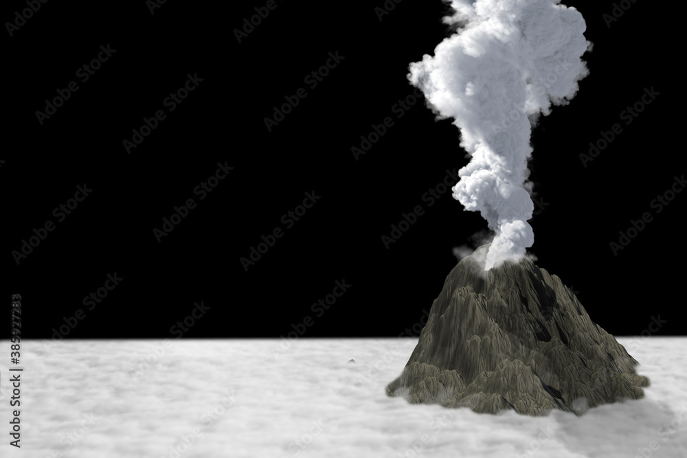 conical volcano blast eruption with huge smoke column and fire isolated ...