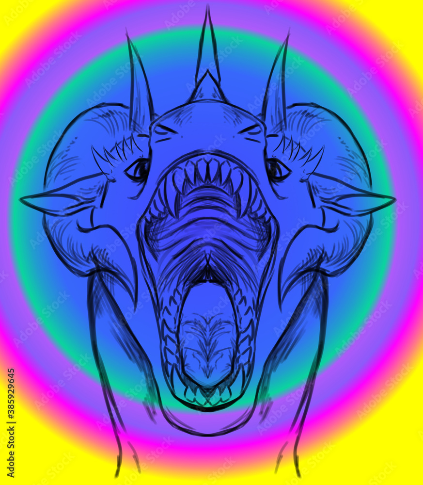 Digital illustration of a dragon with open mouth, showing teeth and ...