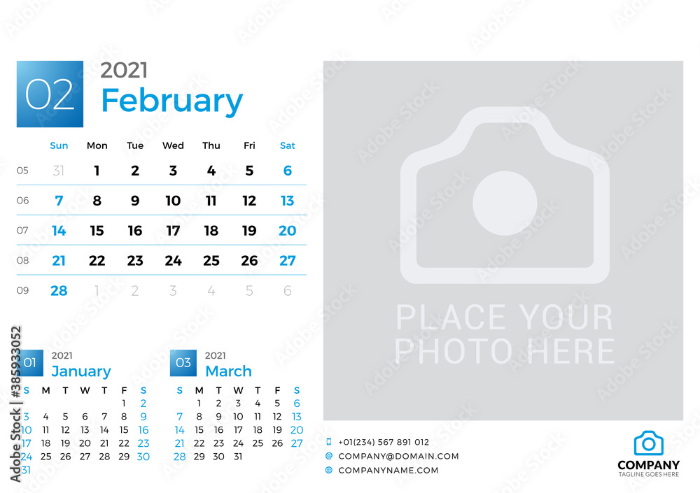 Calendar for February 2021. Vector design print template with place for ...