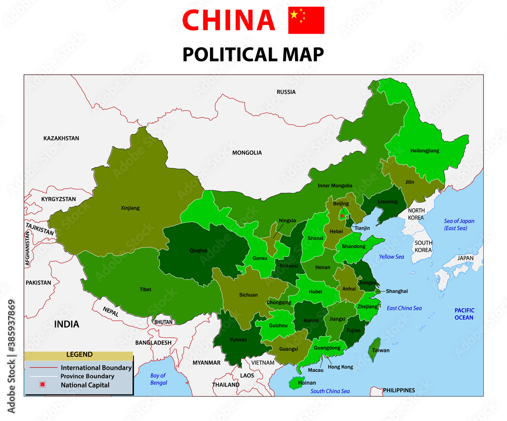 China map. Political Map of China provinces 2020 in green color ...