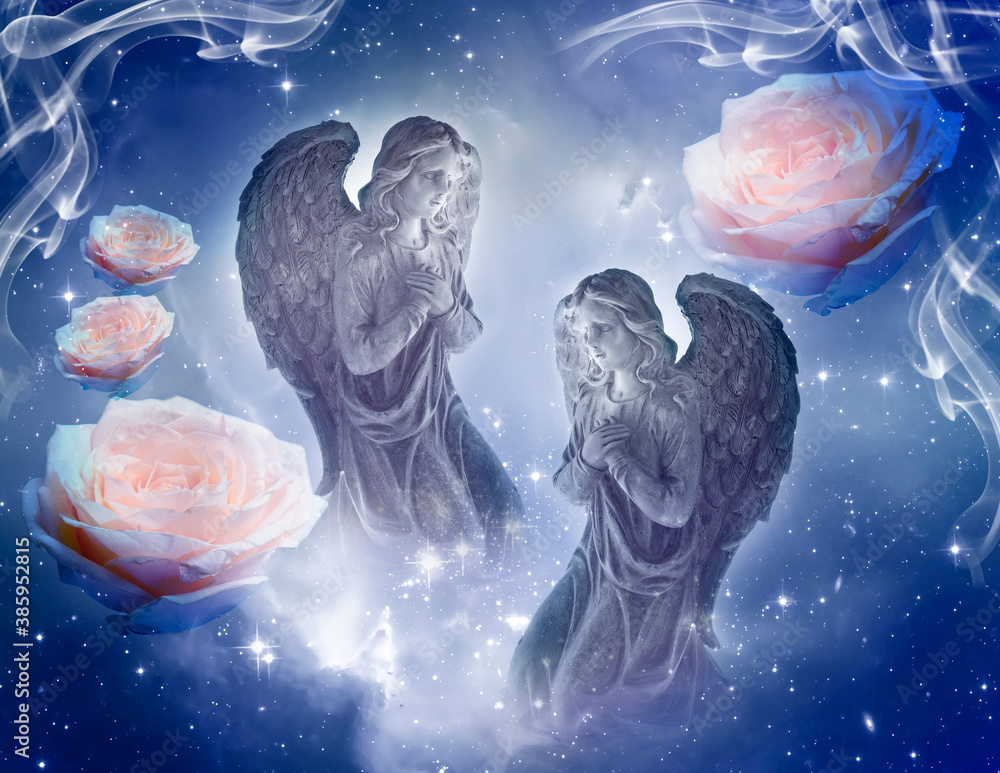 two angels with praying hands and romantic roses over blue background ...