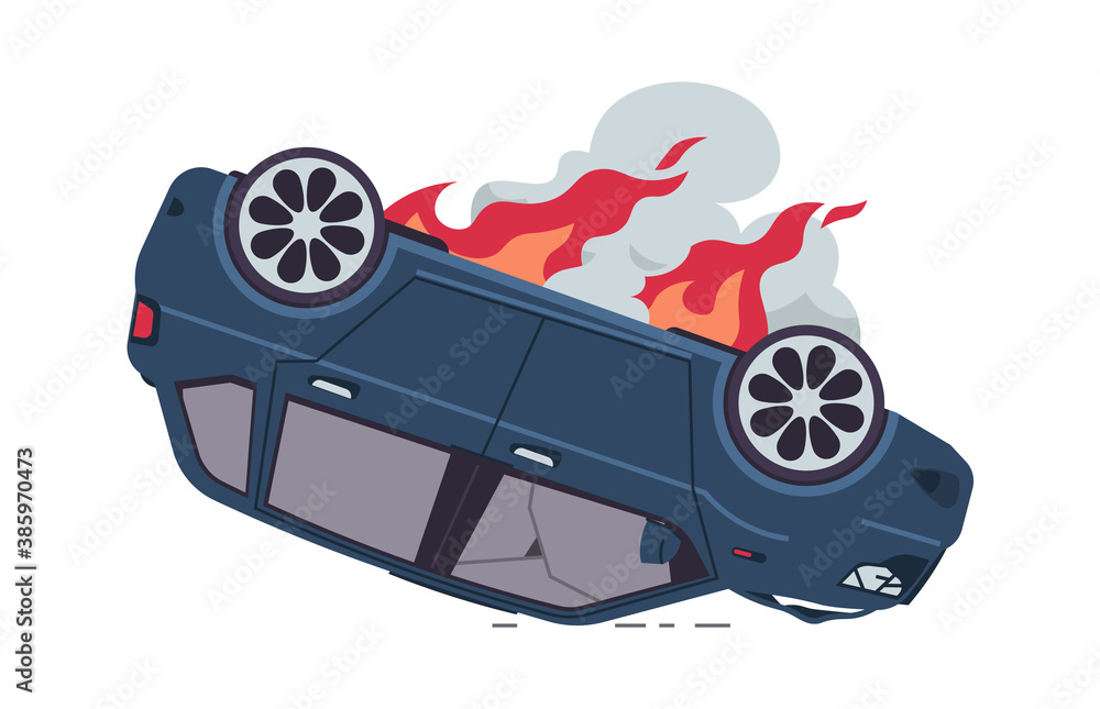 Vetor de Burning car. Cartoon auto accident, inverted car with fire ...