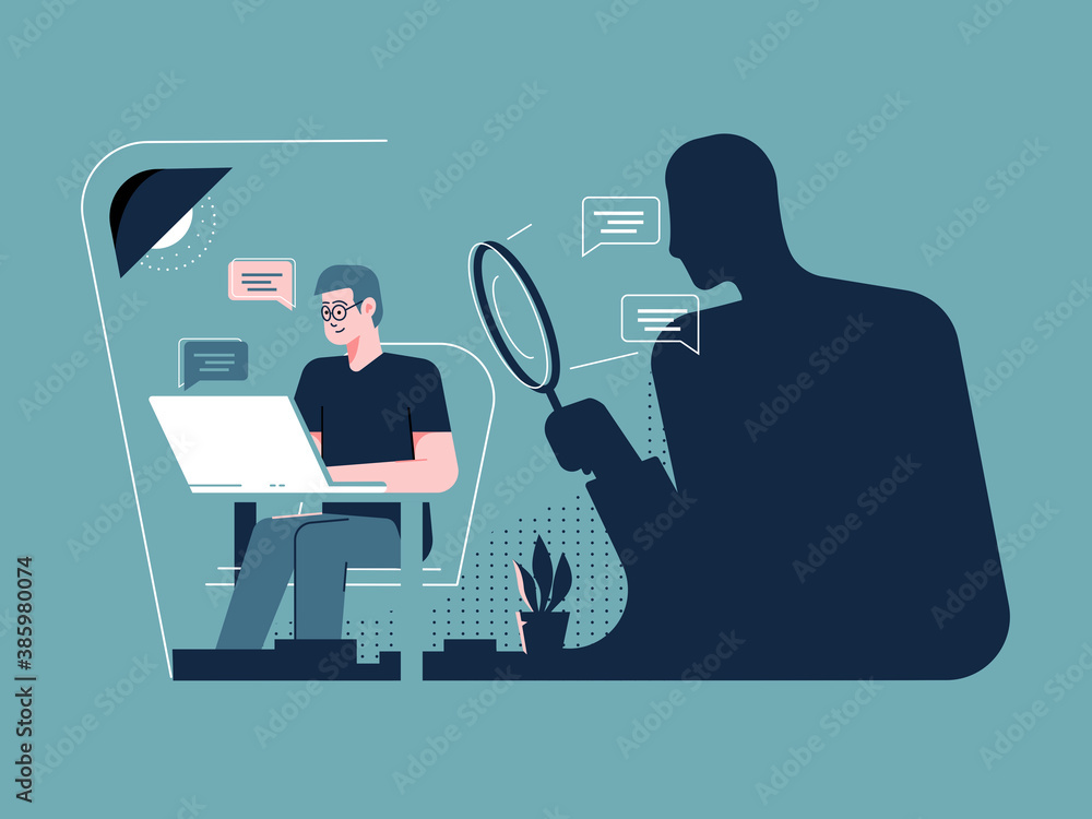 Internet stalking illustration concept. Person sitting on a computer in ...