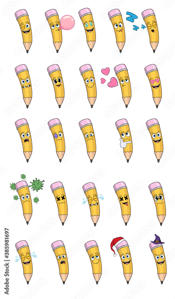 cartoon with a pencil with different emotions. large set of isolated ...