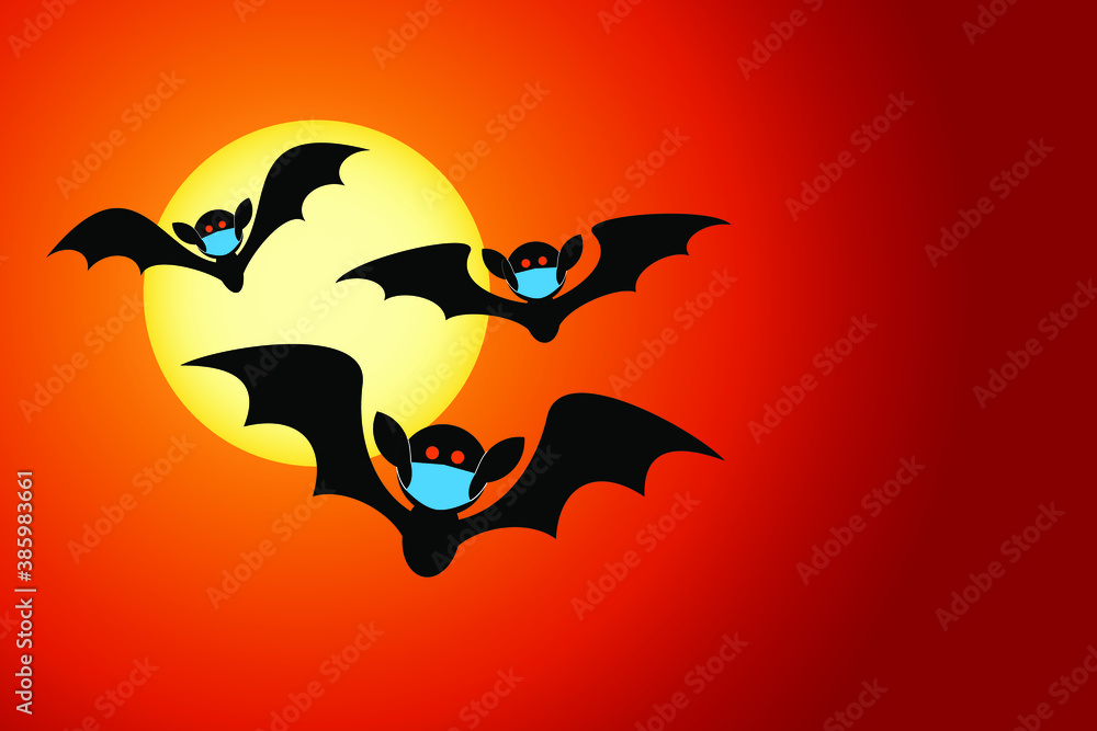 Cartoon silhouettes of a cute halloween bats wearing a face masks and ...