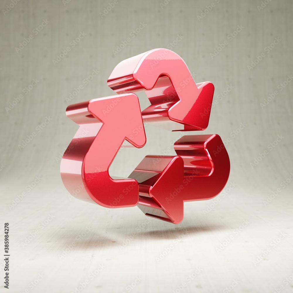 Recycle icon. Red glossy metallic Recycle symbol isolated on white concrete background. Stock ...