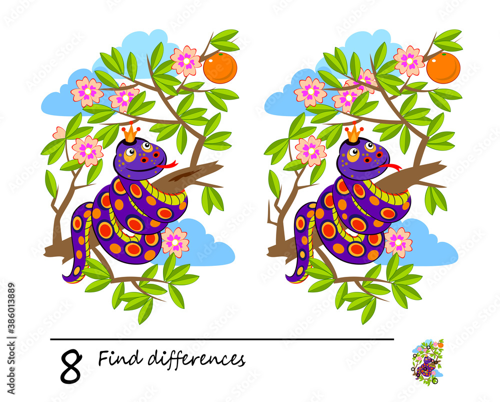 Find 8 differences. Illustration of a snake in the tree. Logic puzzle ...