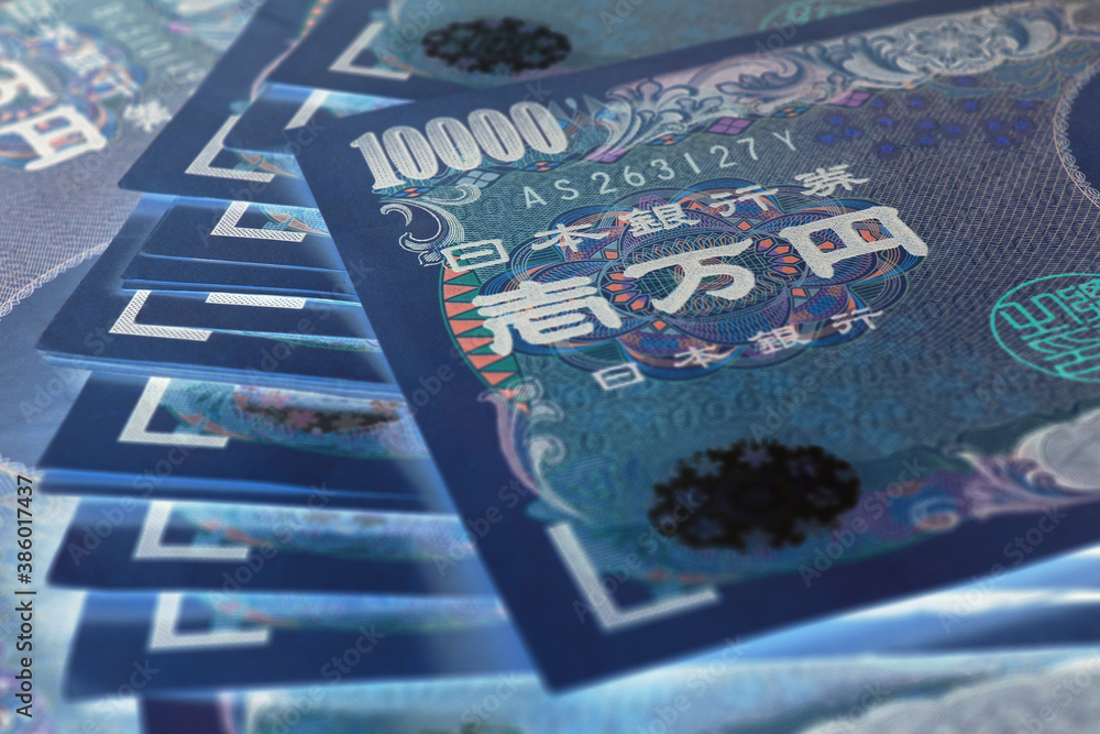 A field of 10000 yen Japanese notes close-up. Dark illustration with ...