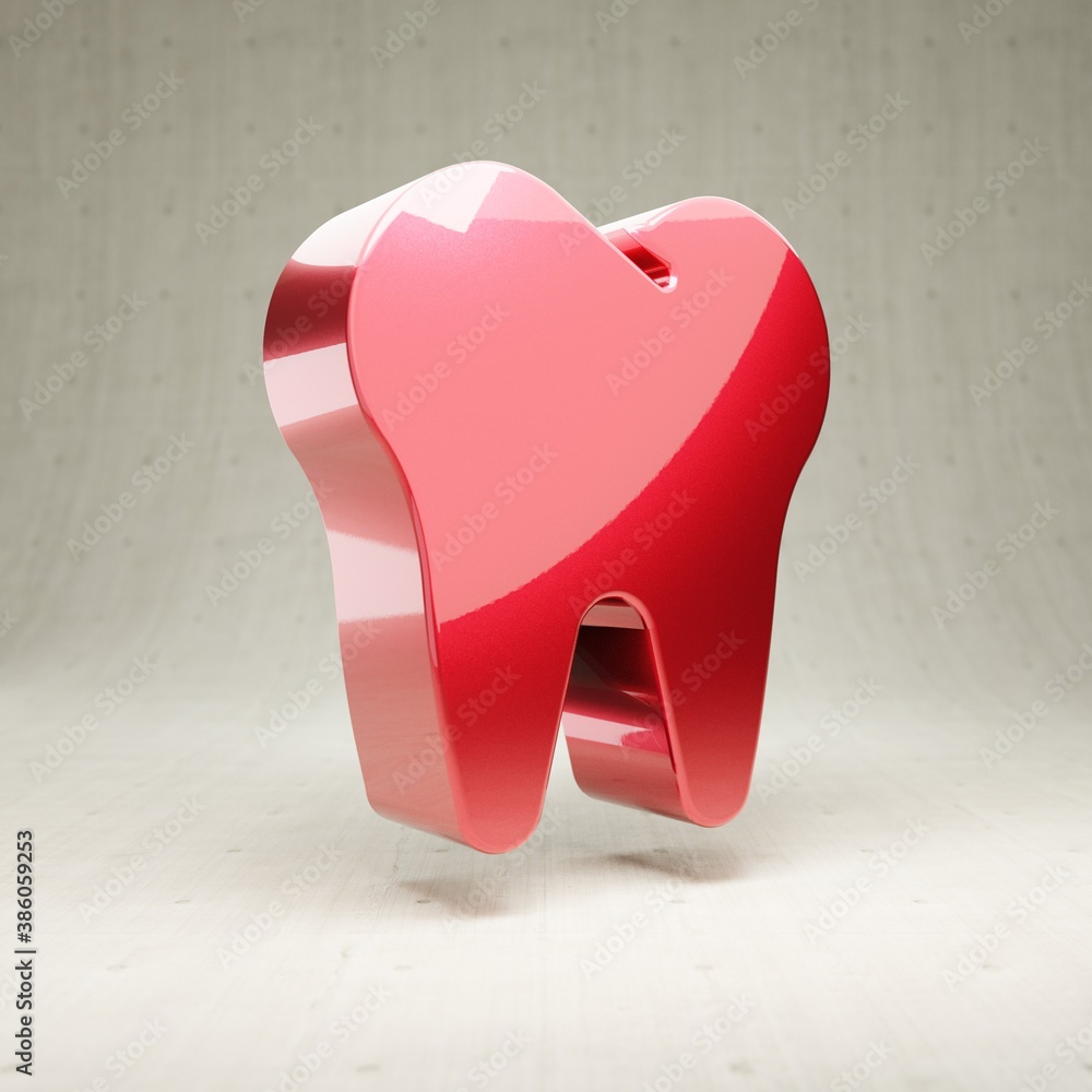 Tooth icon. Red glossy metallic Tooth symbol isolated on white concrete ...