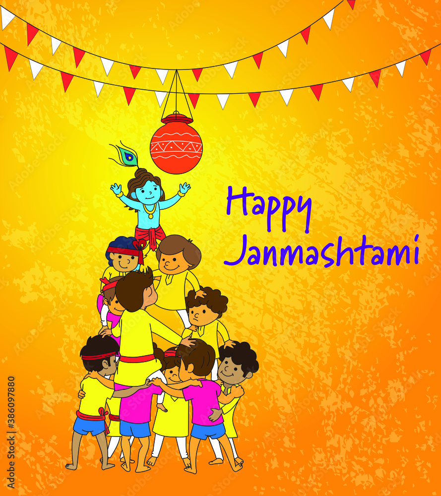 Vector illustration of Lord Krishna playing dahi handi with friend in ...