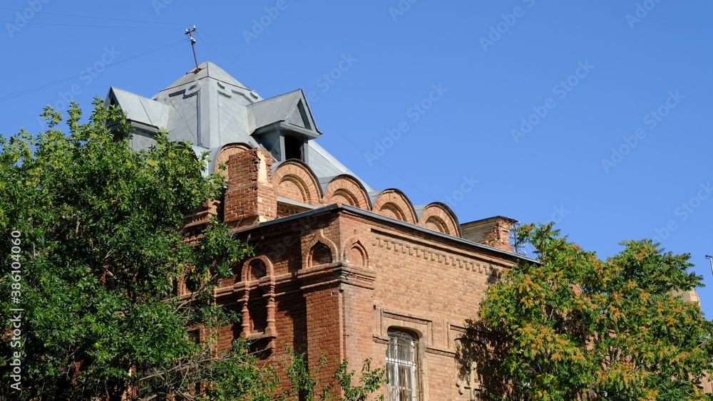 Details and elements of the facade of the building. Russian ...