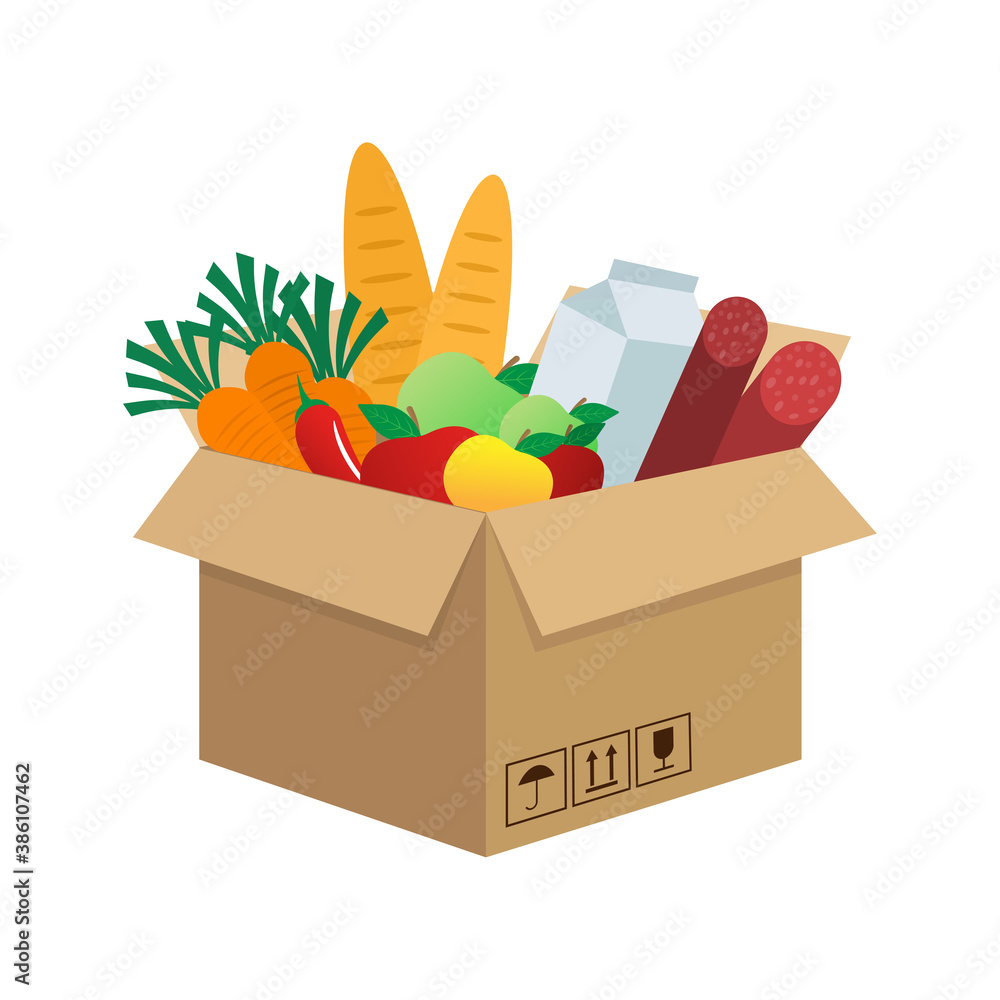 Food in box in cartoon style on white background. Food delivery. Vector ...