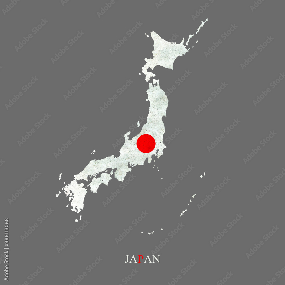 Japan flag in the form of a map of Japan. Isolated on a grey background ...