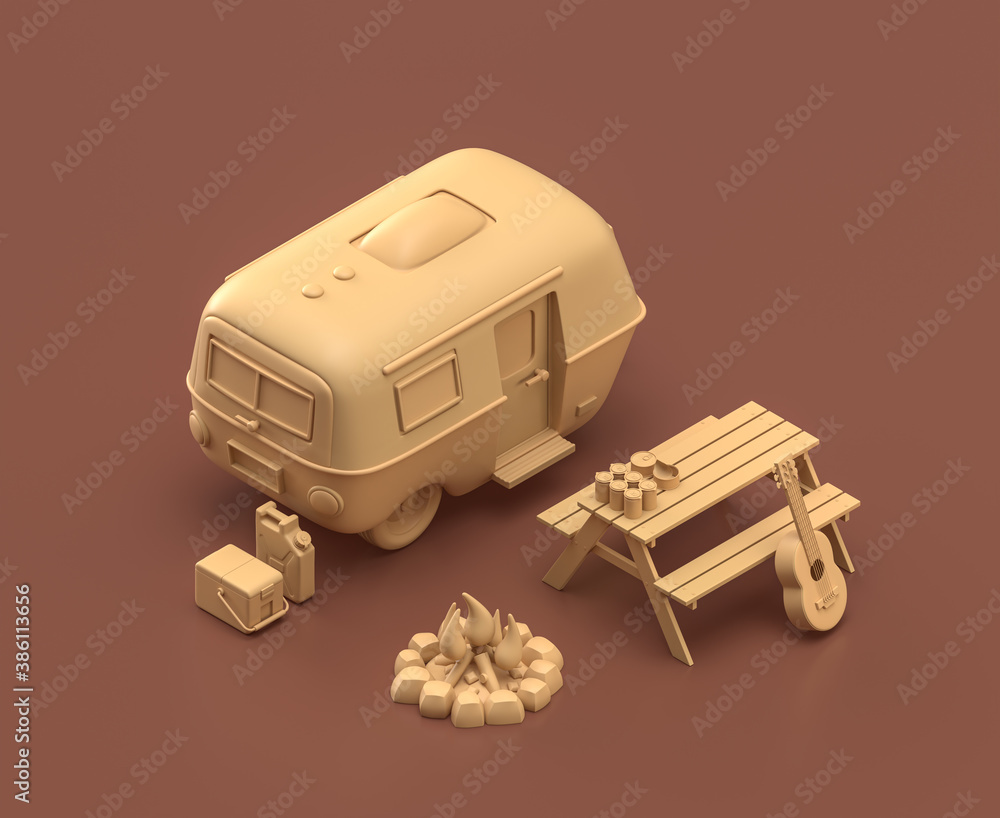 Caravan and picnic table. Isometric camping objects and scenes ...