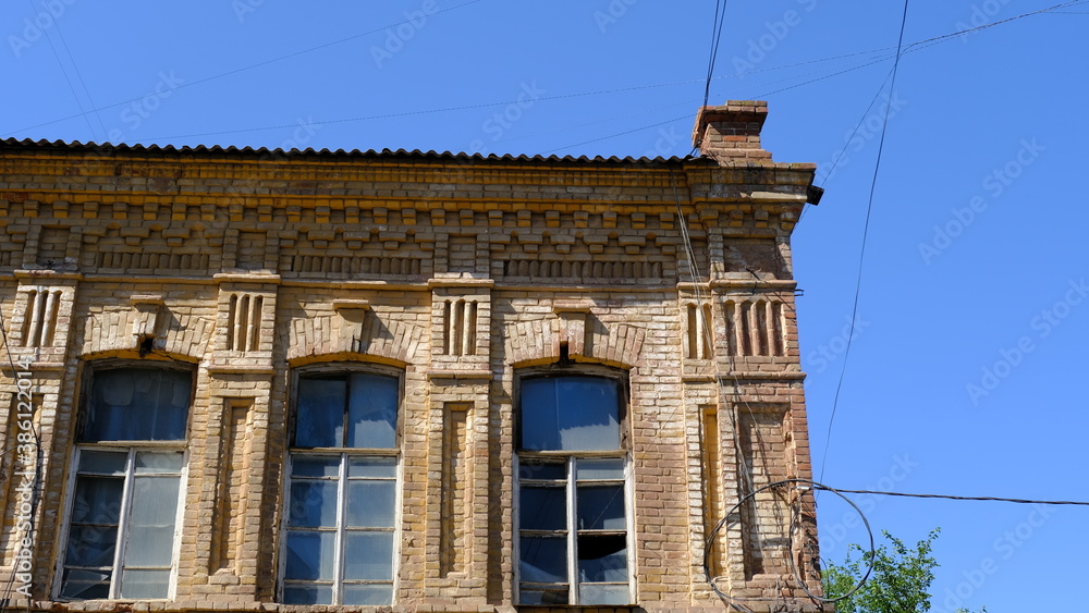 Details and elements of the facade of the building. Russian ...