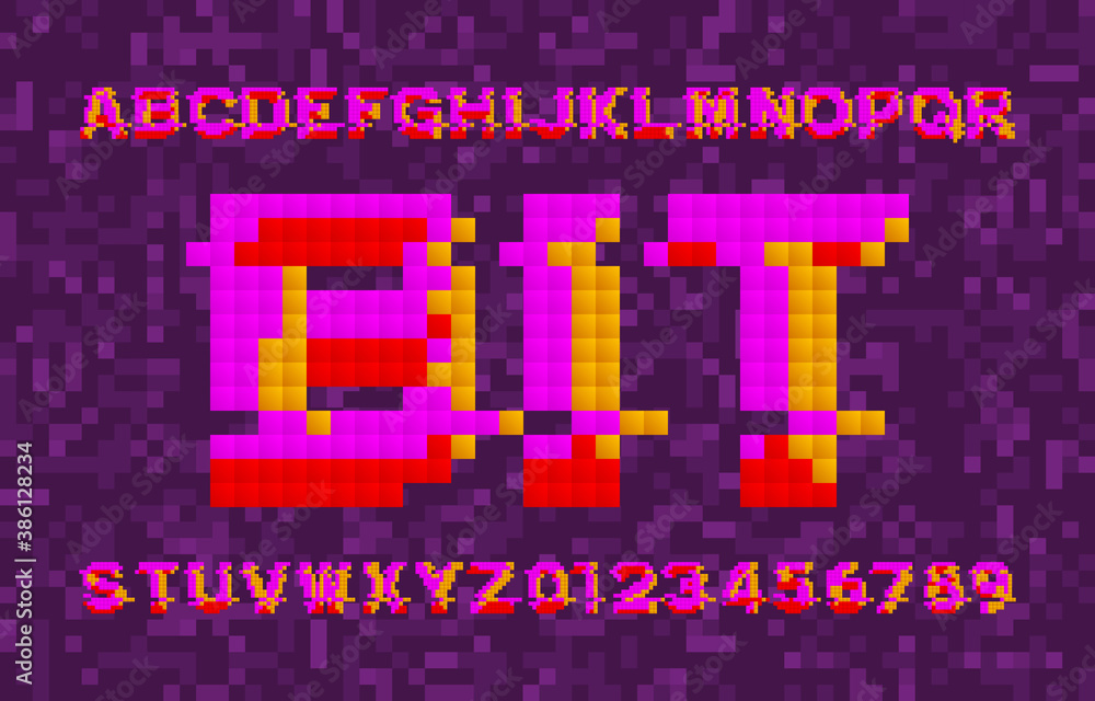 Bit alphabet font. Glitched pixel letters, numbers and symbols. Pixel ...