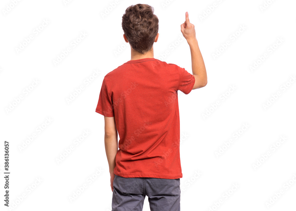 Handsome teen boy with his back turned to camera, pointing to something ...