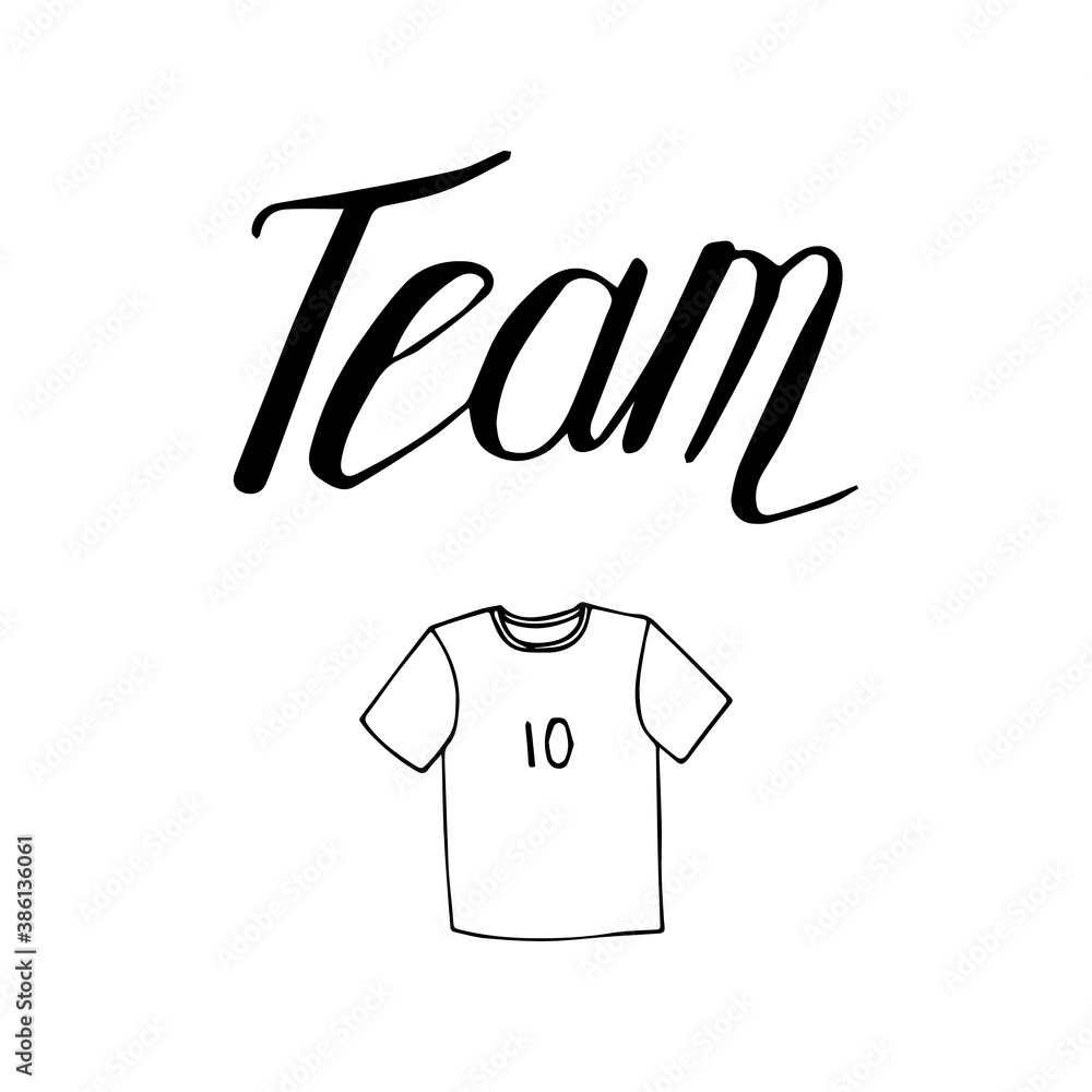 Team lettering football doodle poster. Hand drawn black and white card ...
