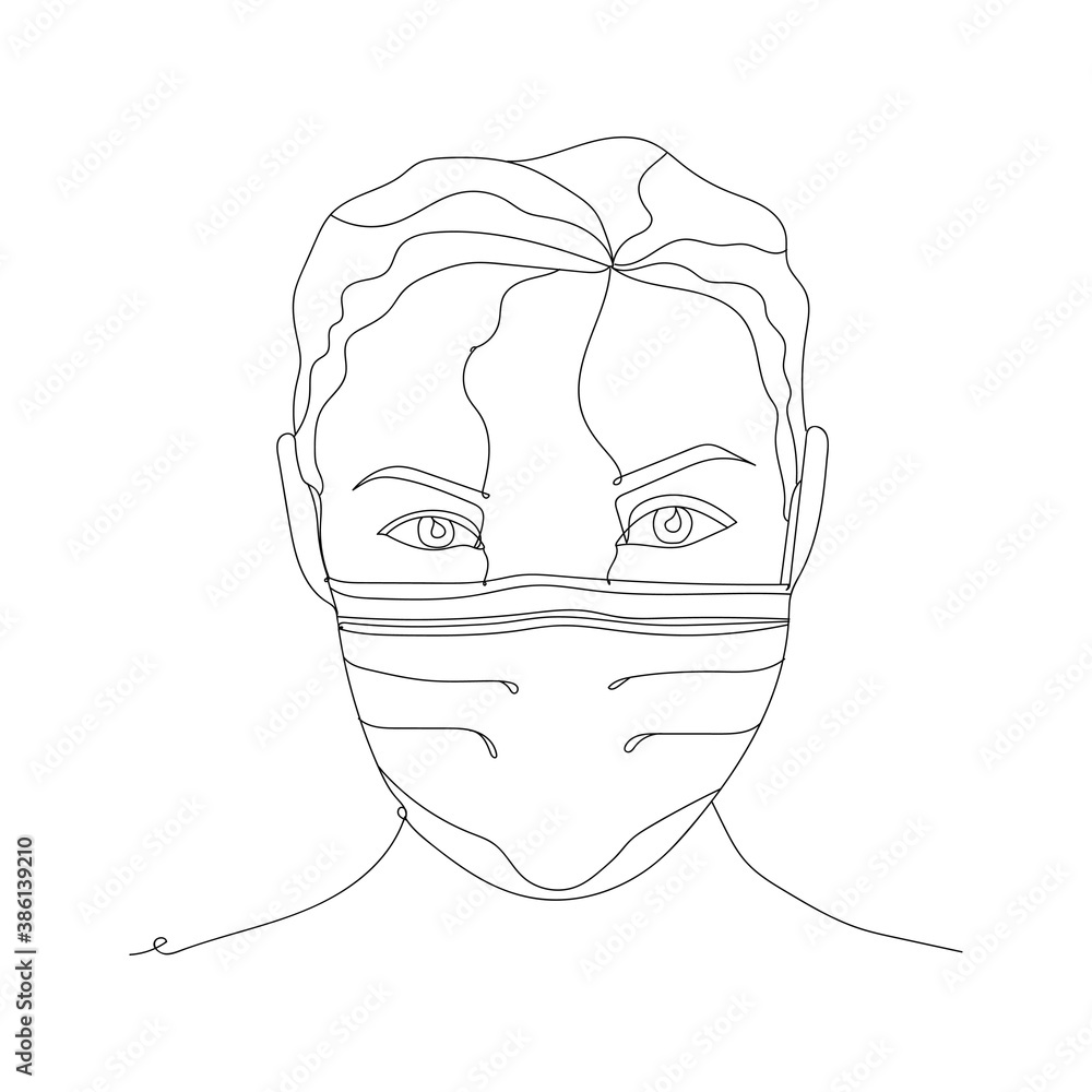 Beautiful woman wearing medical face mask - one line drawing. Vector ...
