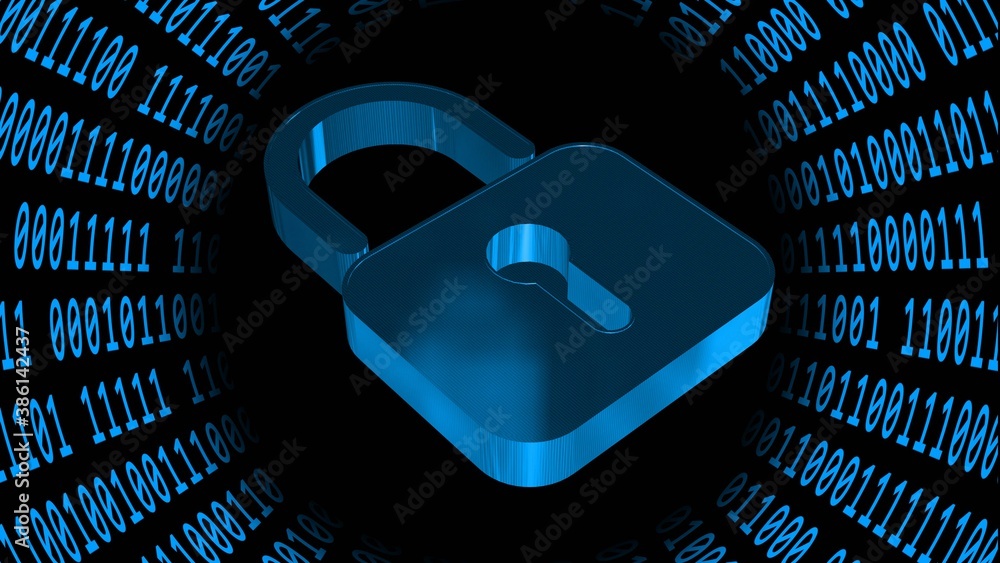 Abstract futuristic background of data flow - closed padlock integrated built into binary code ...