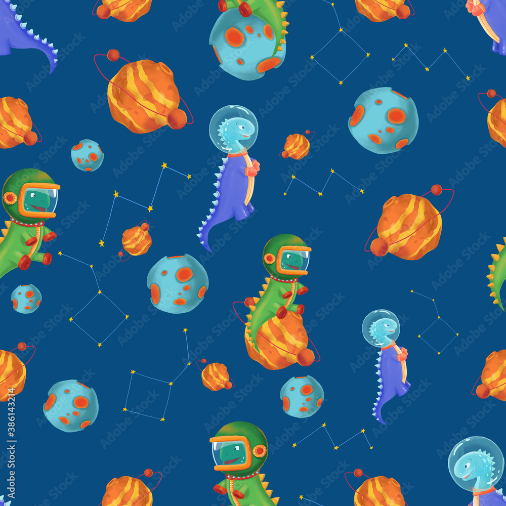 Cartoon dinosaur in space seamless pattern for nursery, pre-school and ...