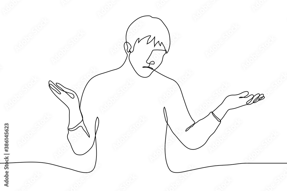 man spread his arms to the sides, palms up, a gesture of ignorance. one ...