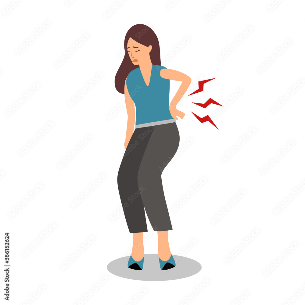 Low back pain concept vector illustration on white background. Young ...