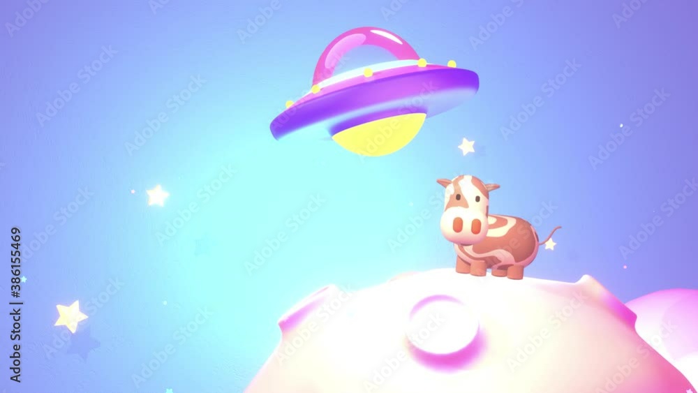 Looped cartoon funny UFO cow abduction in outer space animation. Stock ...