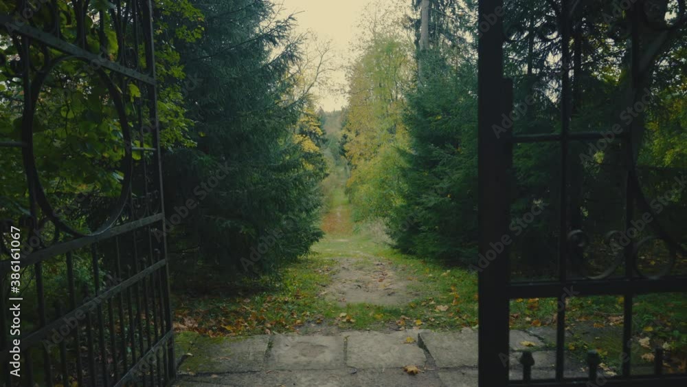The entrance to the alley through the gate to the old autumn park ...