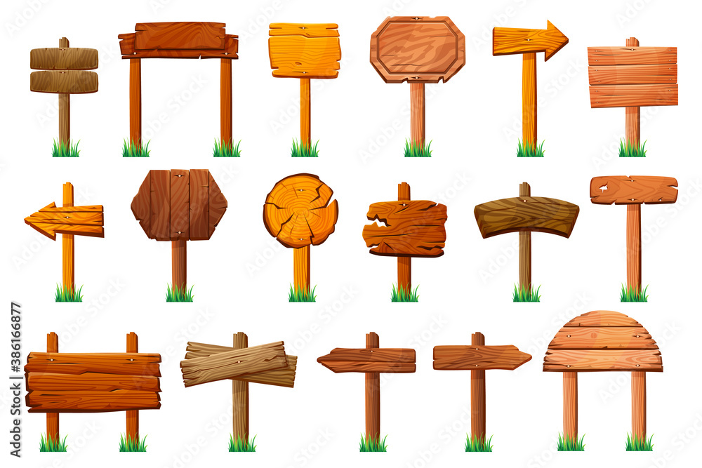 Wooden signs standing on pillars at green grass isolated set. Vector ...