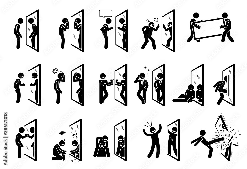 Man looking into a mirror stick figure pictogram icons. Vector artworks ...