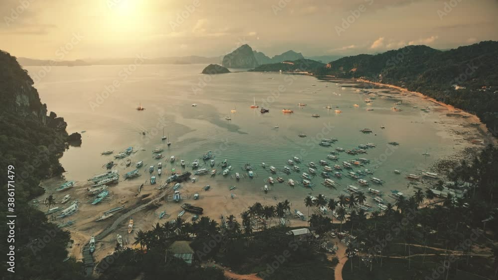 Ocean pier at sun light aerial: ships, boats, yachts at tropical ...