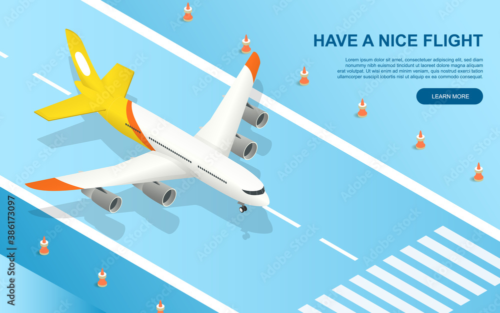 Have a nice flight concept with the plane speeding down the runway for ...