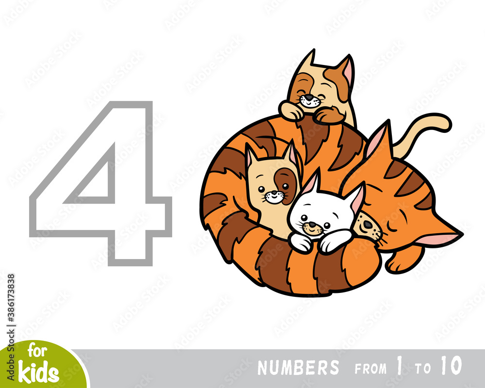 Educational poster for children about numbers. Digit four, four cats ...