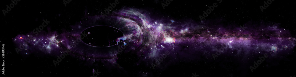 Abstract space panoramic wallpaper. Black hole with nebula over ...
