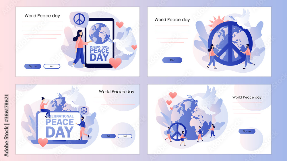 World Peace Day. Globe, white pigeon and hippie sign as a peace symbol ...