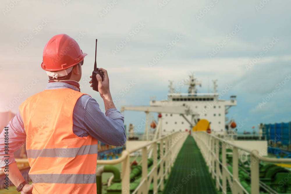 Port control, Engineer or workers, Crew controlling the Worker walkie ...