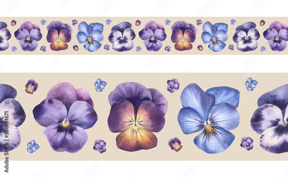 Seamless border of pansy flowers. Watercolor illustration drawn by hand ...