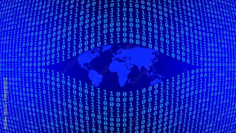 World map integrated into a binary code screen of bright blue digits on ...