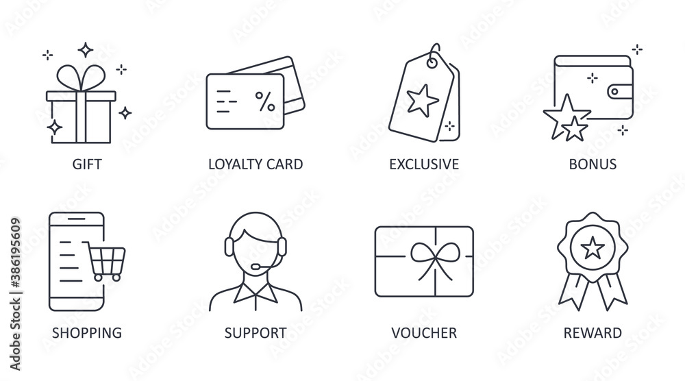 Vector loyalty program icons. Editable stroke symbols. Gift, loyalty ...